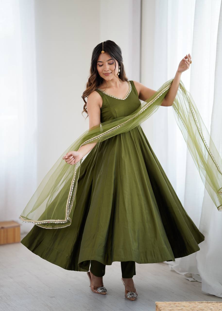 Most Trending Roman Silk Party Wear Mehndi Anarkali Suit